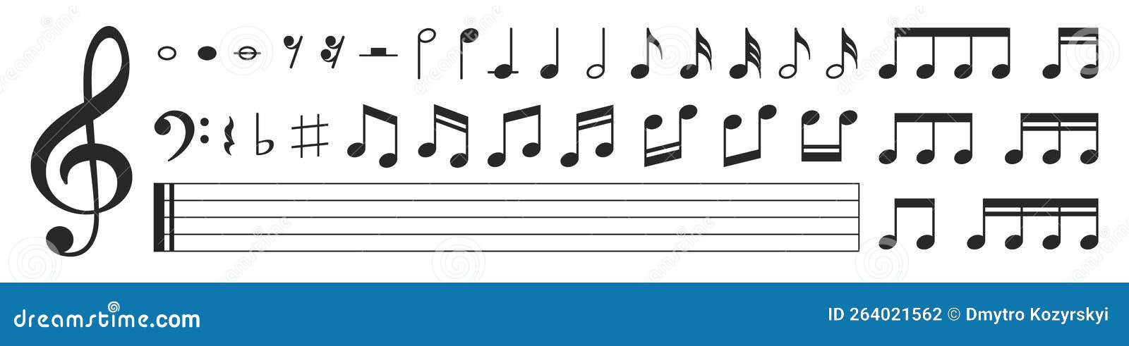 Set of Musical Notes. Black Musical Note Icons. Music Elements. Treble ...