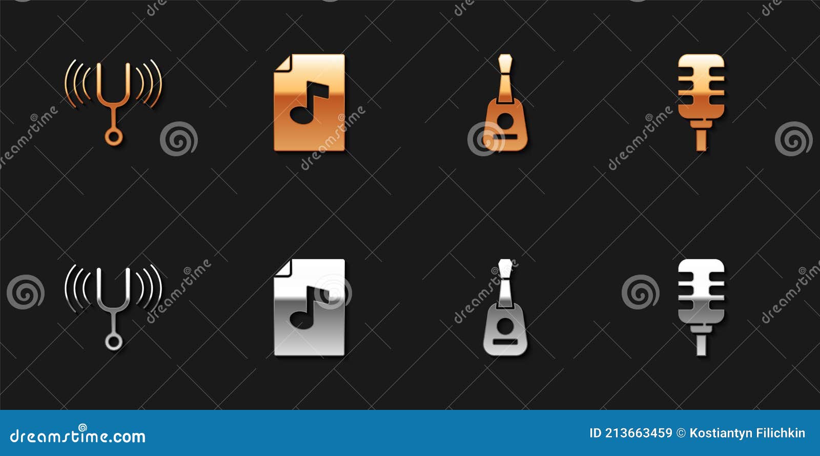 Set Musical Tuning Fork, Book with Note, Guitar and Microphone Icon ...