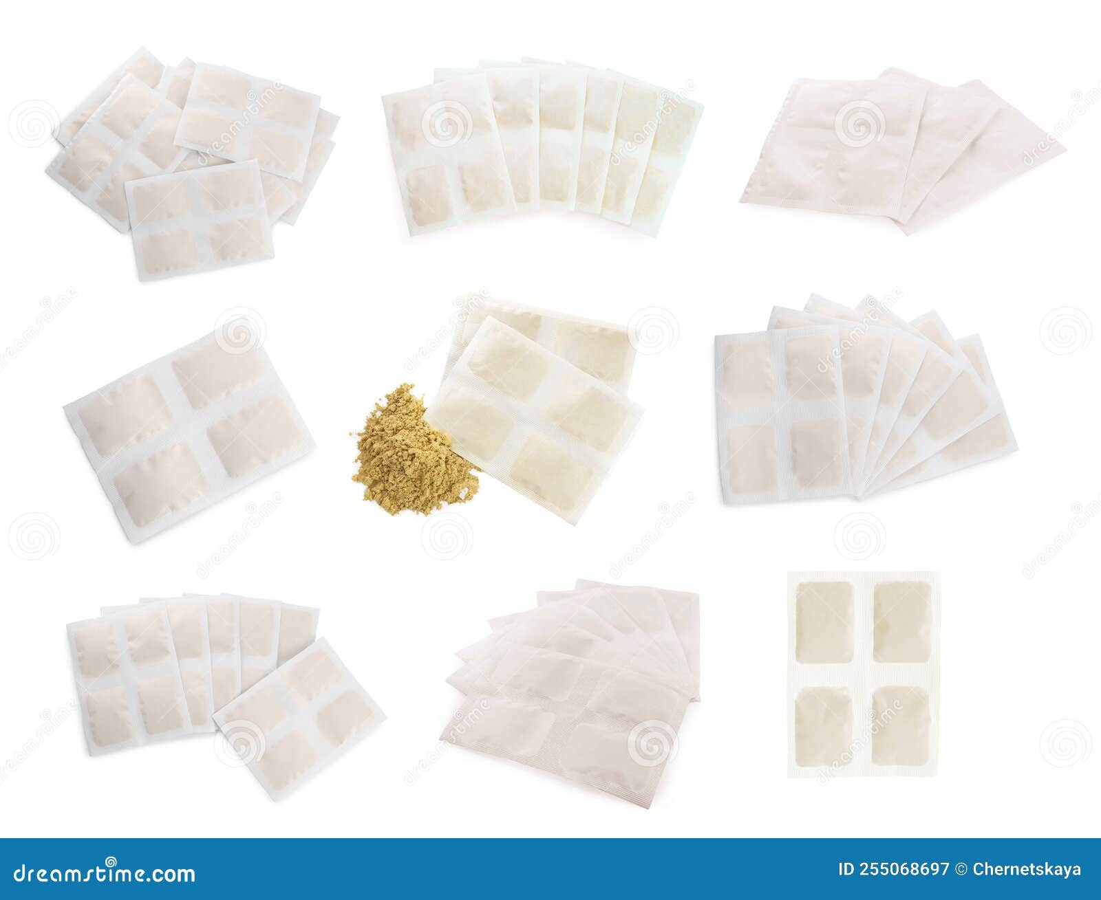 Set with Mustard Plasters on Background, Top View Stock Image - Image ...