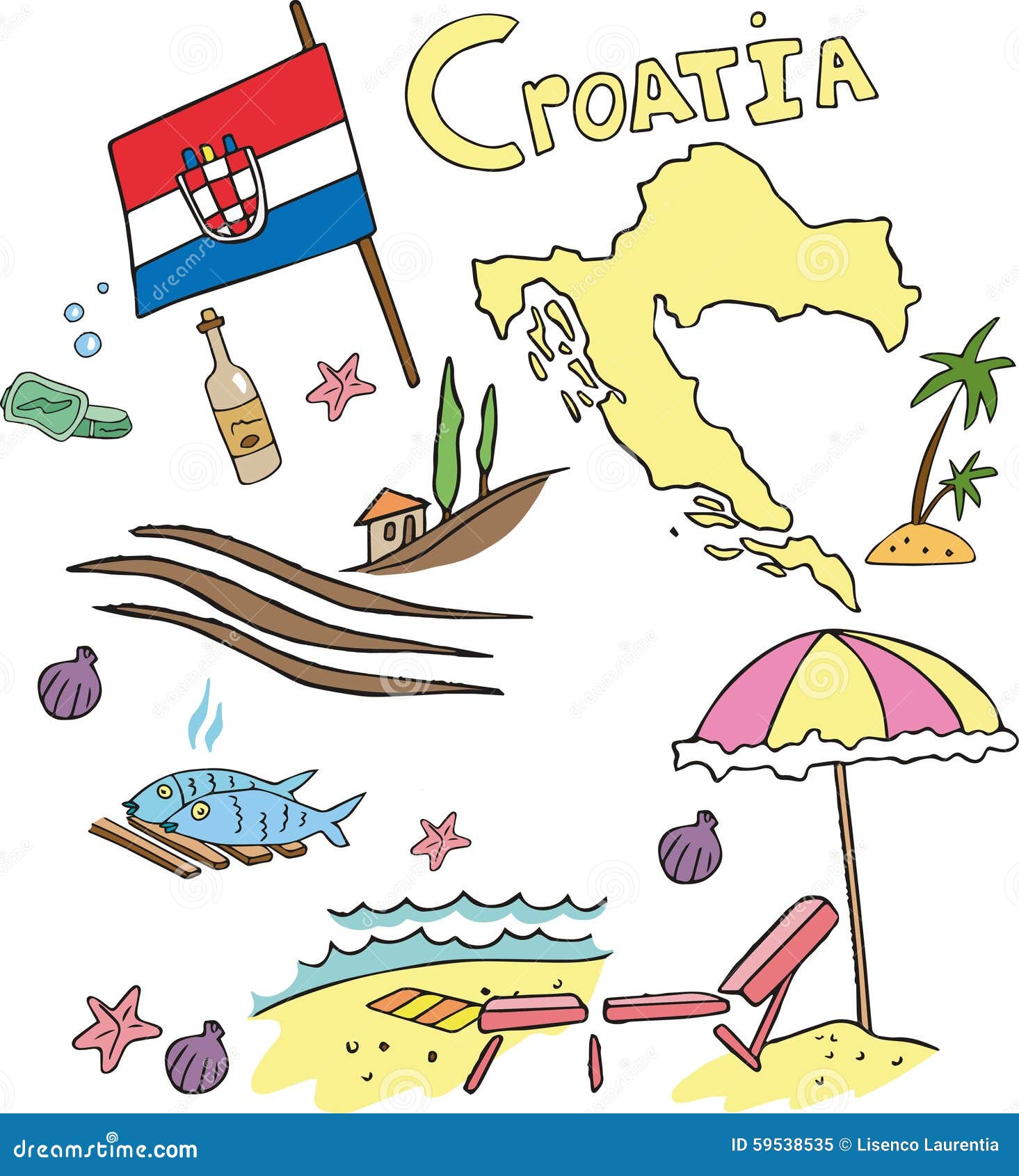 Croatia Map Color Line Element. Border Of The Country. Cartoon Vector ...