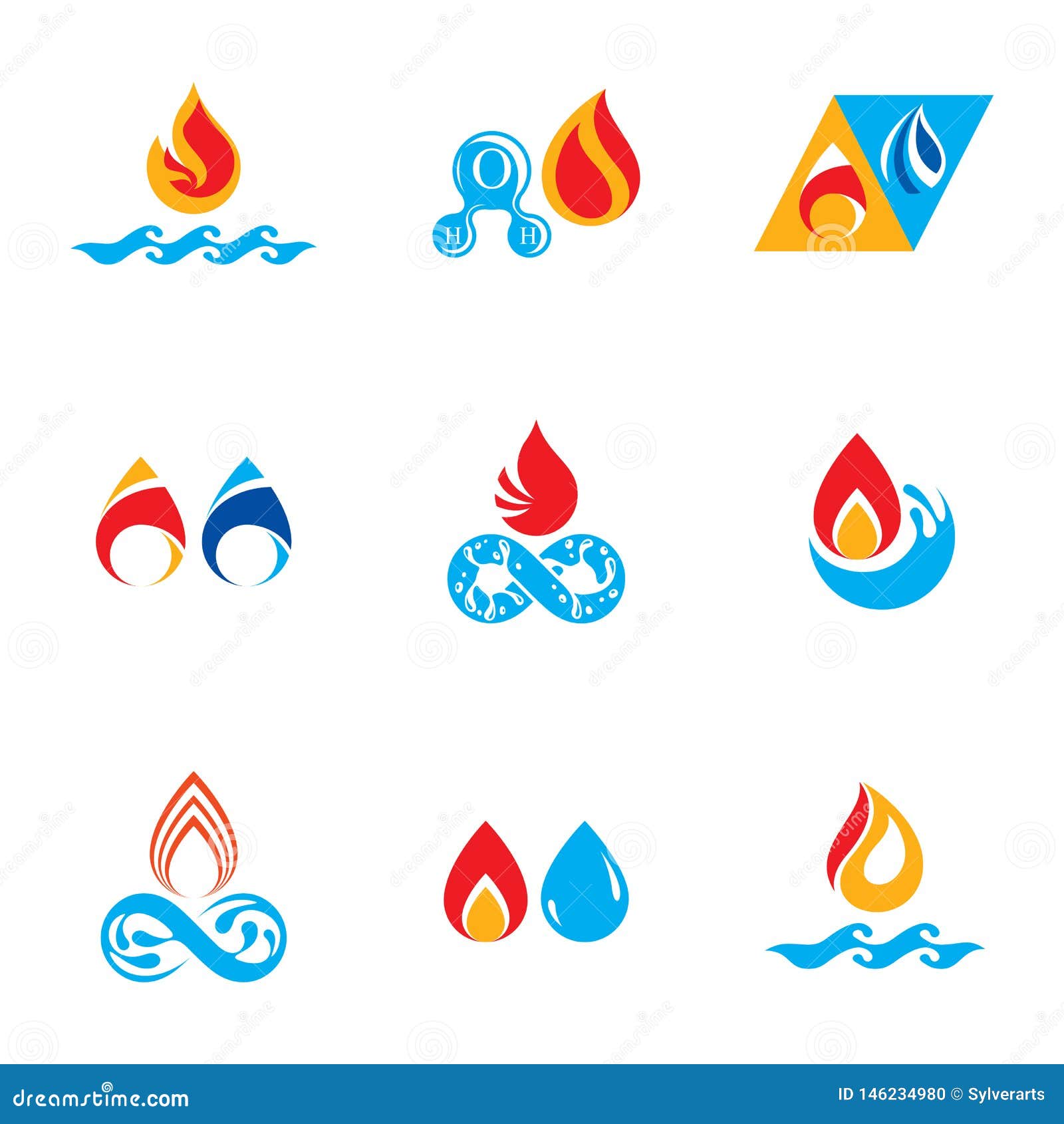 Set of Nature Power Symbols, Composition of Water and Fire Elements ...