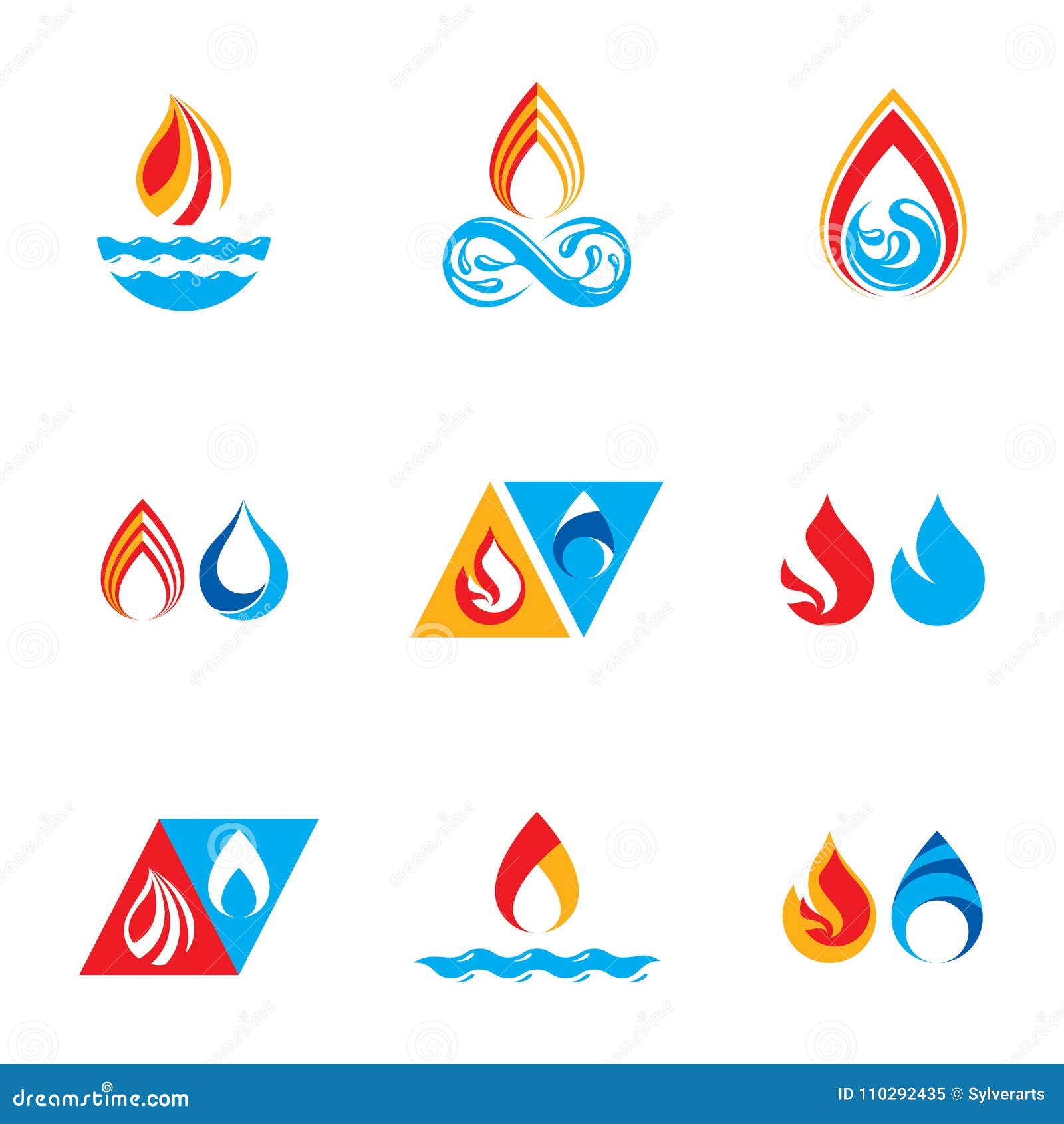 Set of Nature Power Symbols, Composition of Water and Fire Elements ...