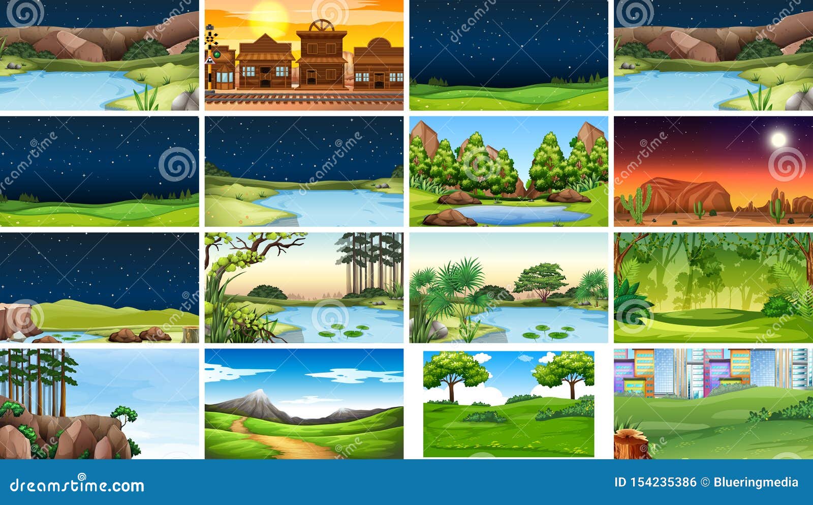 Set of Nature Scenes in Day and Night Stock Vector - Illustration of ...