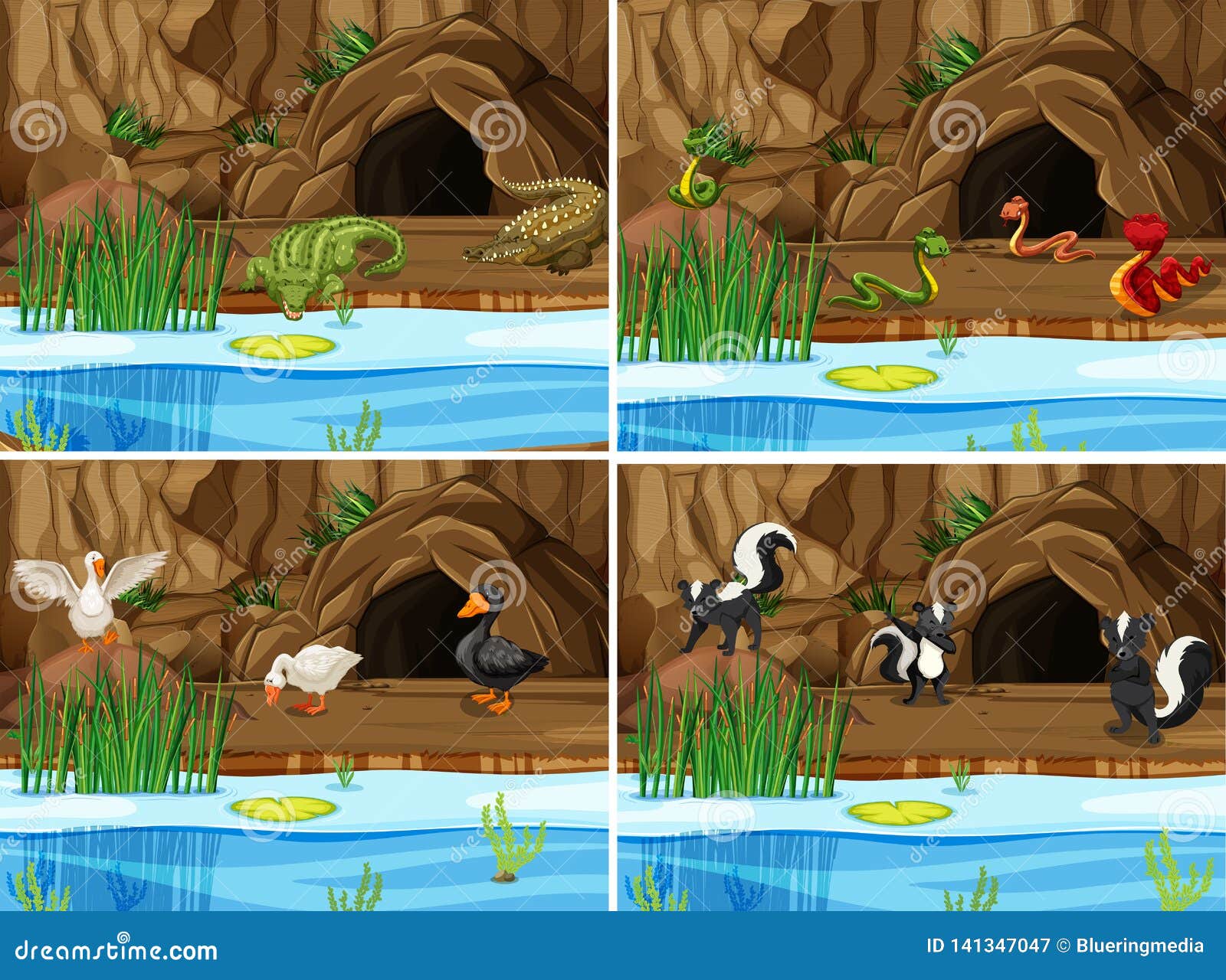 Set of Nature Swamp and Animals Stock Vector - Illustration of lake ...