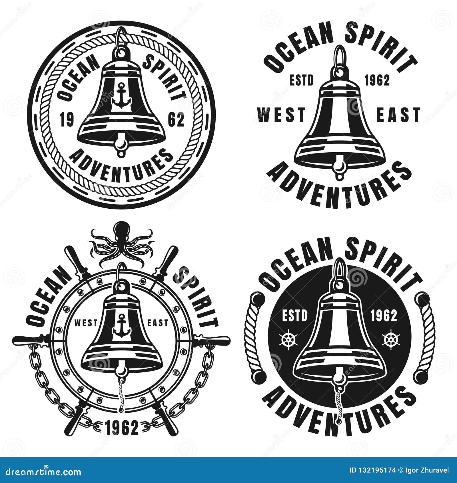 Nautical Black Emblems with Ship Bell Isolated Stock Vector ...