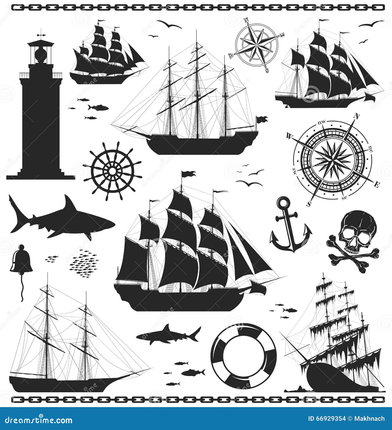 Nautical Design Elements Hand Drawn In Watercolor. Life Buoy With Rope ...