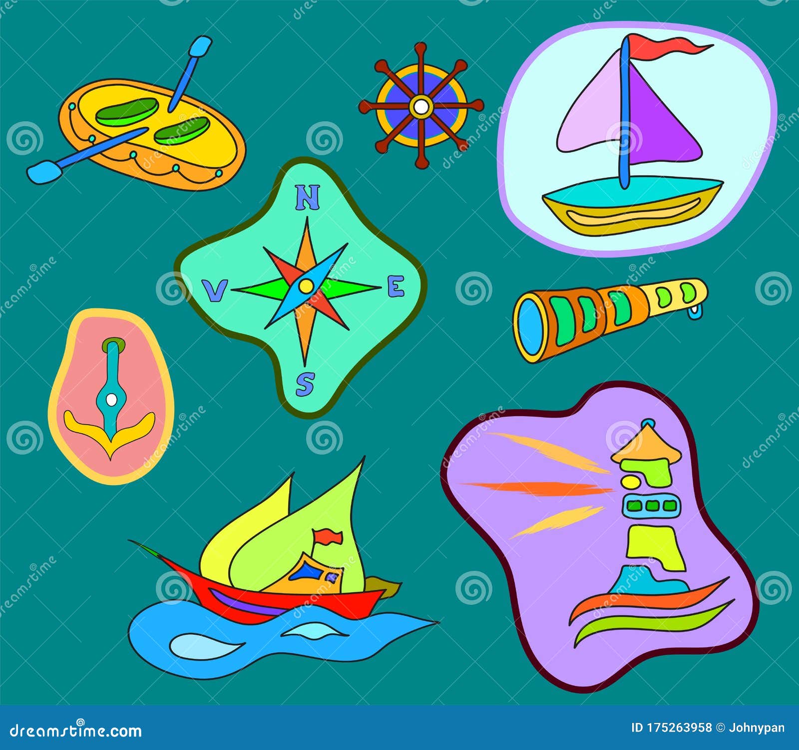 Set of Nautical Elements with Boat and Sea Stock Vector - Illustration ...