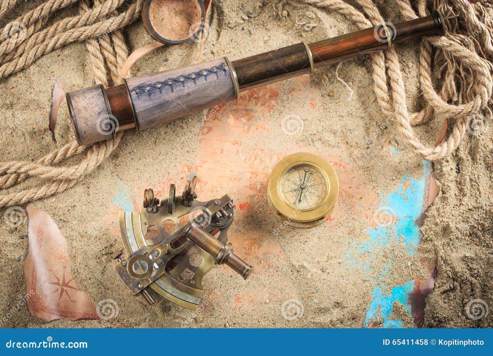 Set of Nautical Instruments, Lying on the Sand and Stock Photo - Image ...