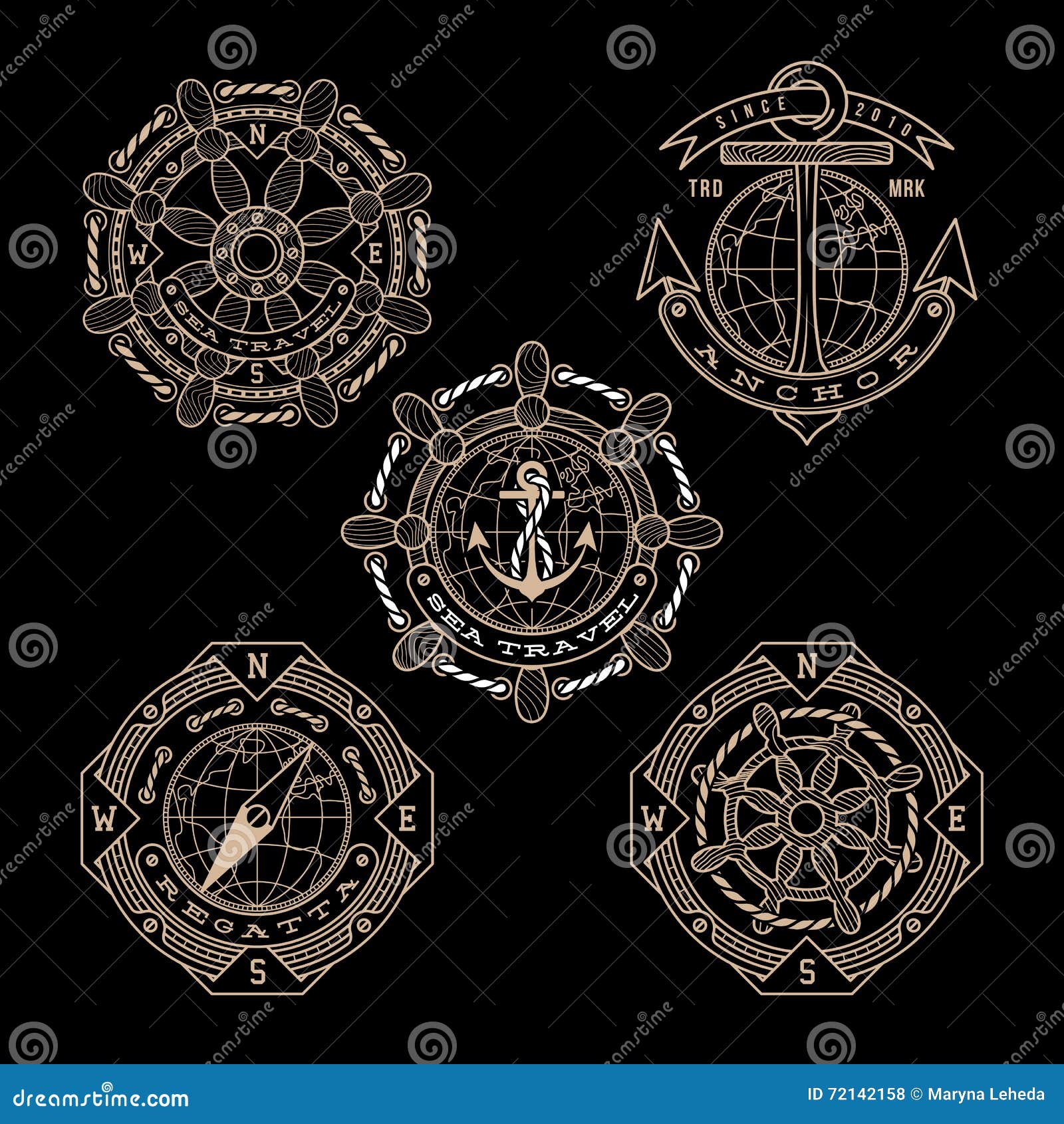 Nautical Labels Set. Helm And Anchor Isolated On White. Ship And Boat ...