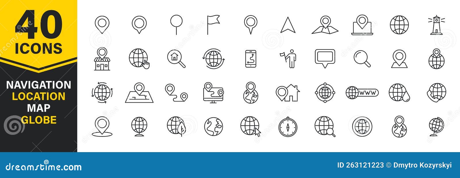 Set of 40 Navigation and Location, Map, Globe Web Icons in Line Style. GPS, Compass, Global ...