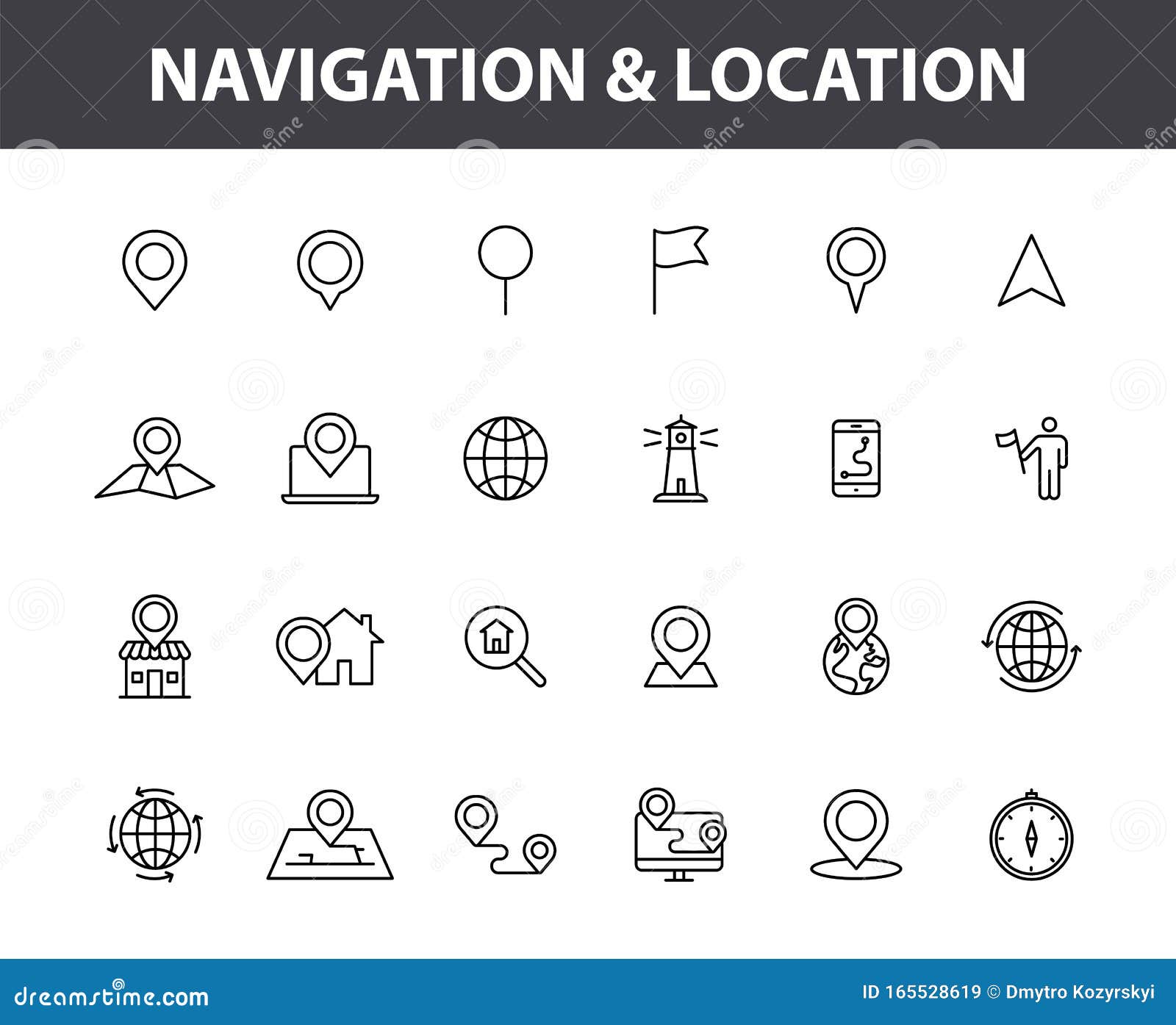 Set of 24 Navigation and Location Web Icons in Line Style. GPS, Compass ...