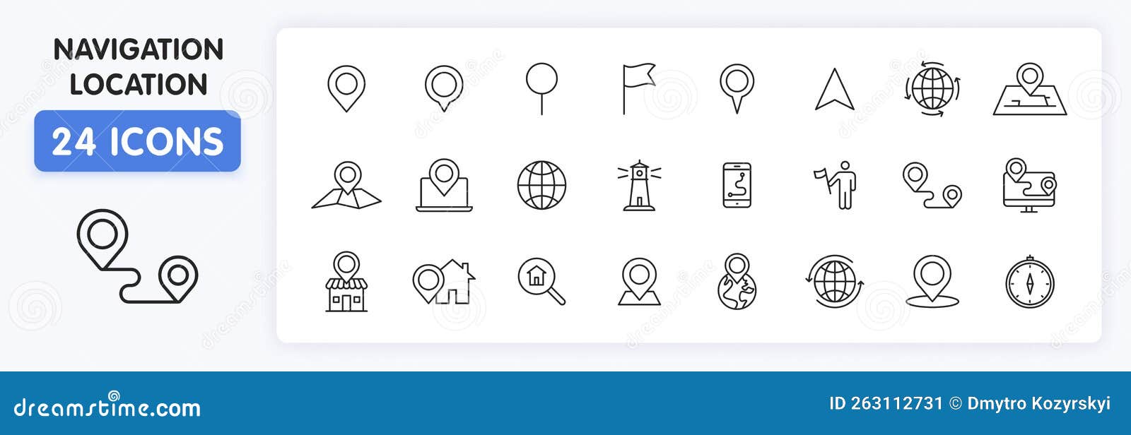Set of 24 Navigation and Location Web Icons in Line Style. GPS, Compass, Global, Marker, Map ...