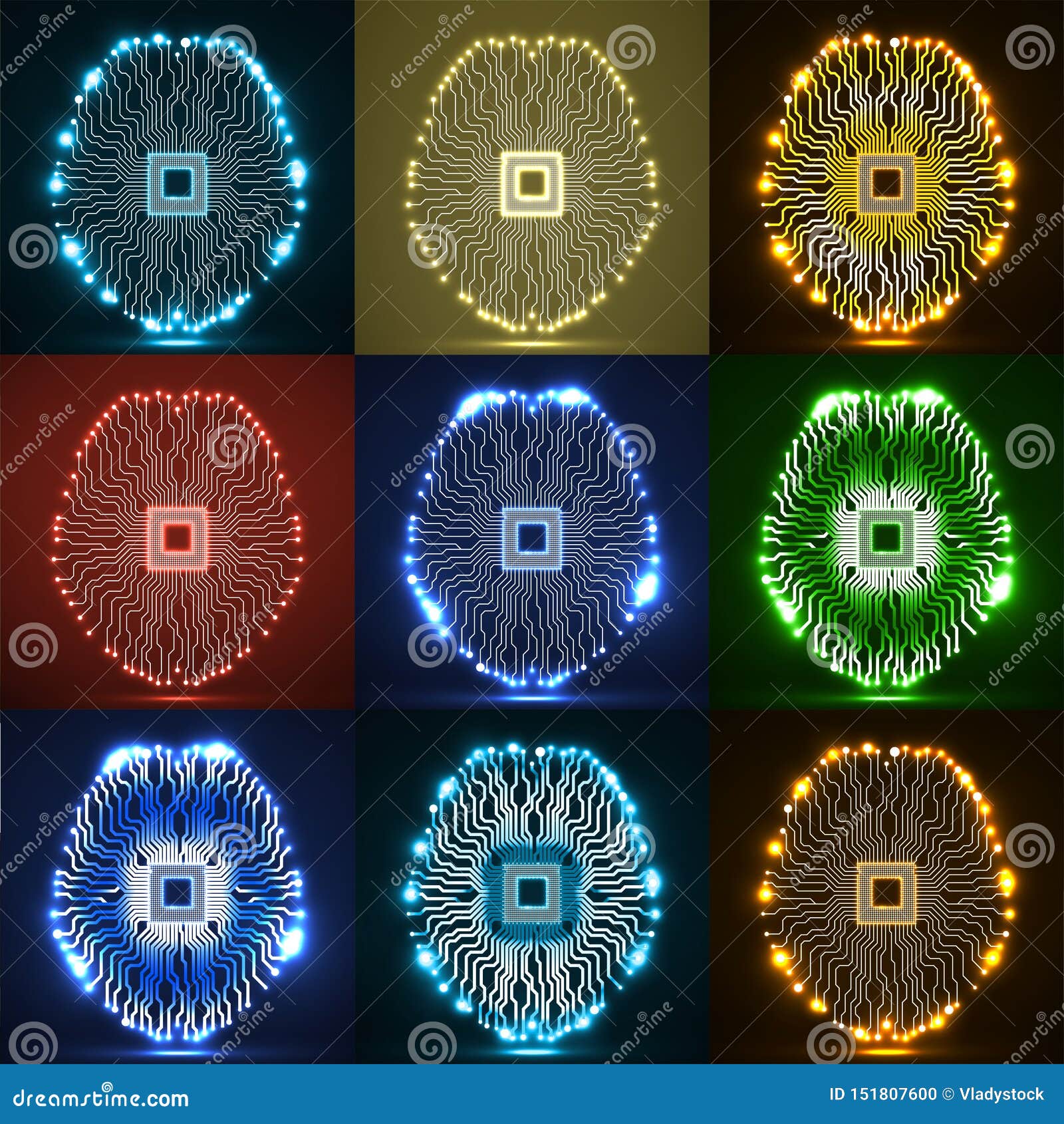 Set of neon brain. Cpu stock vector. Illustration of computing - 151807600