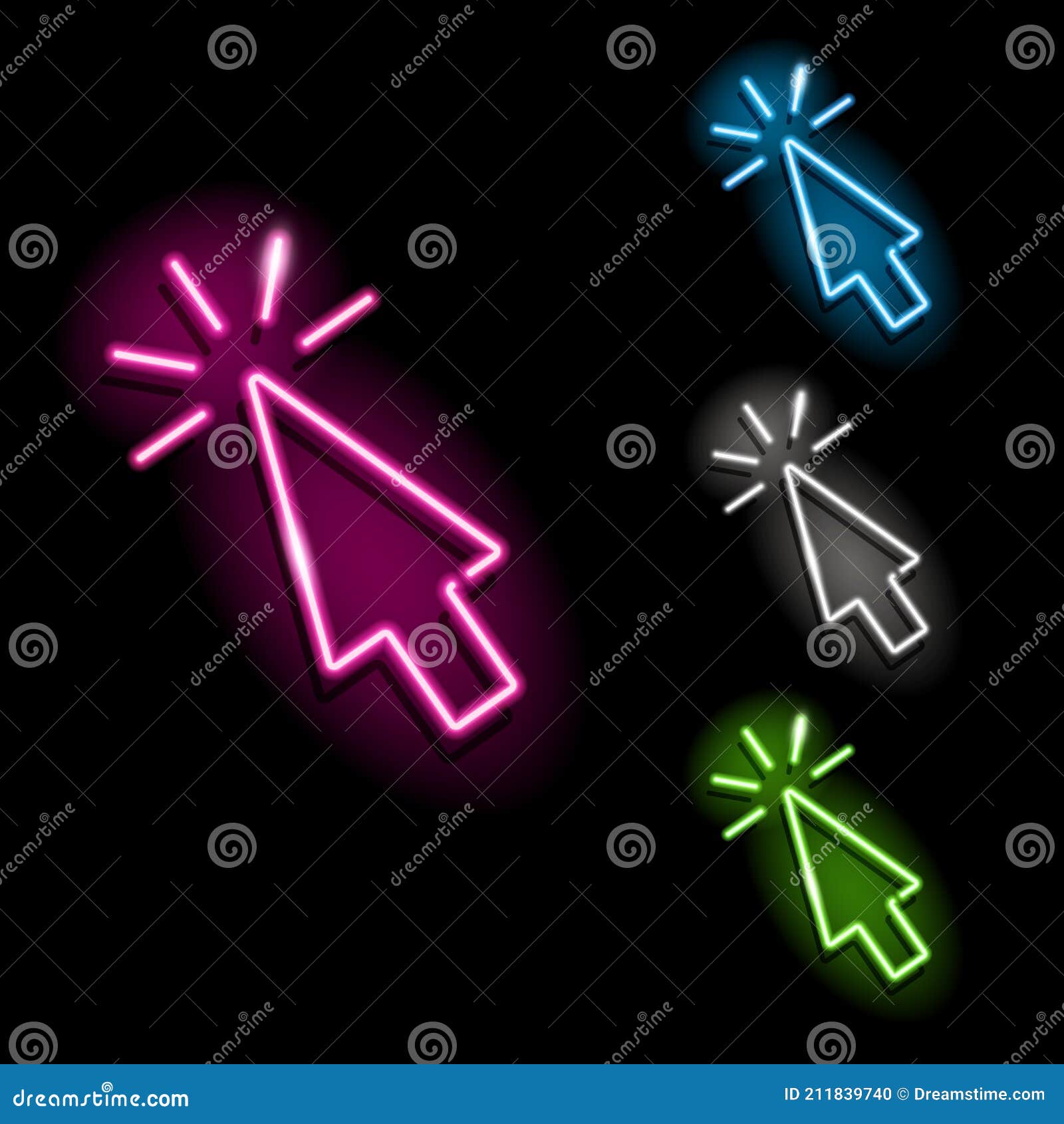Set Of Neon Mouse Cursor Click Icons In Four Different Colours Isolated On Black Background Web