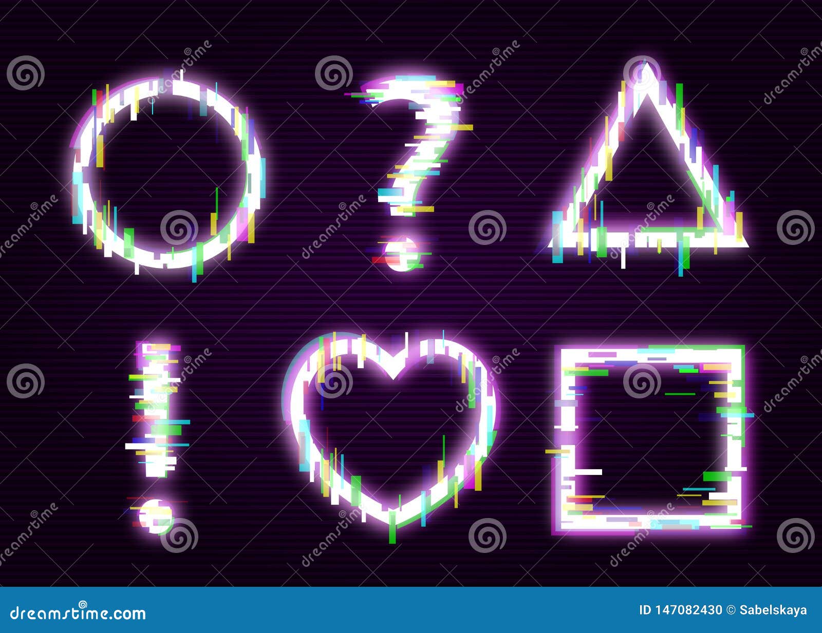 Set of Neon Shapes with Glitch Effect Abstract Style Stock Vector - Illustration of distortion ...