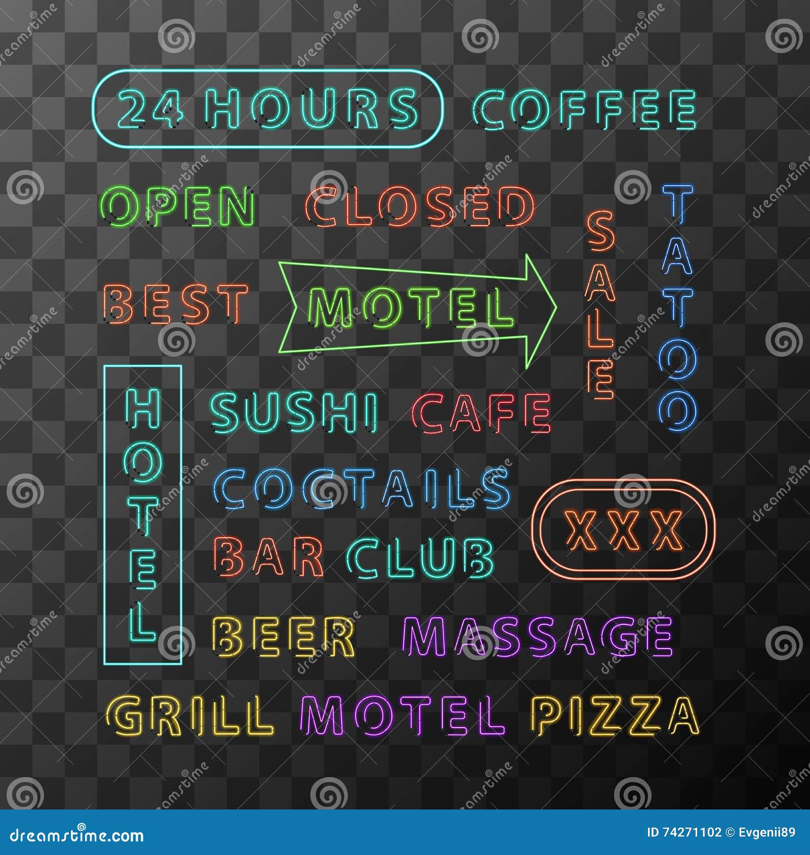 Set Of Neon Sign Boards For Night City On Transparent Background Vector ...