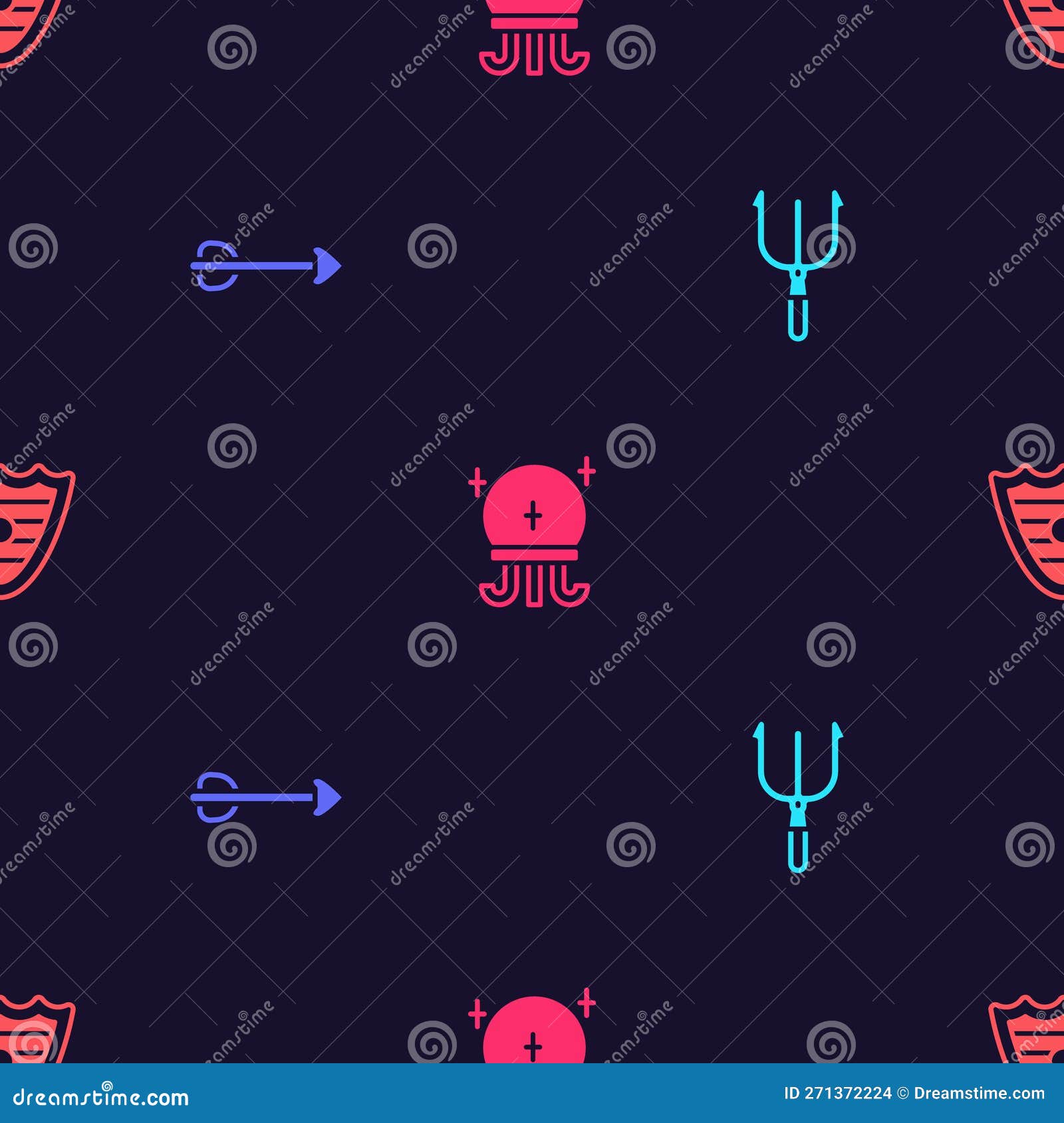 Set Neptune Trident, Arrow, Magic Ball and Shield on Seamless Pattern ...