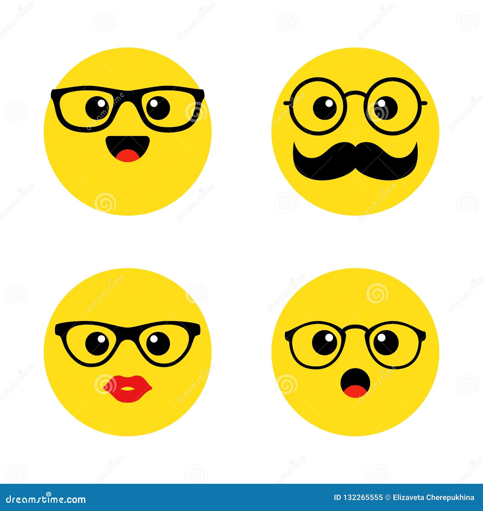 Set Of Nerd Emoticons With Glasses Kawai Cute Faces Funny Emoticons Flat Icons Vector