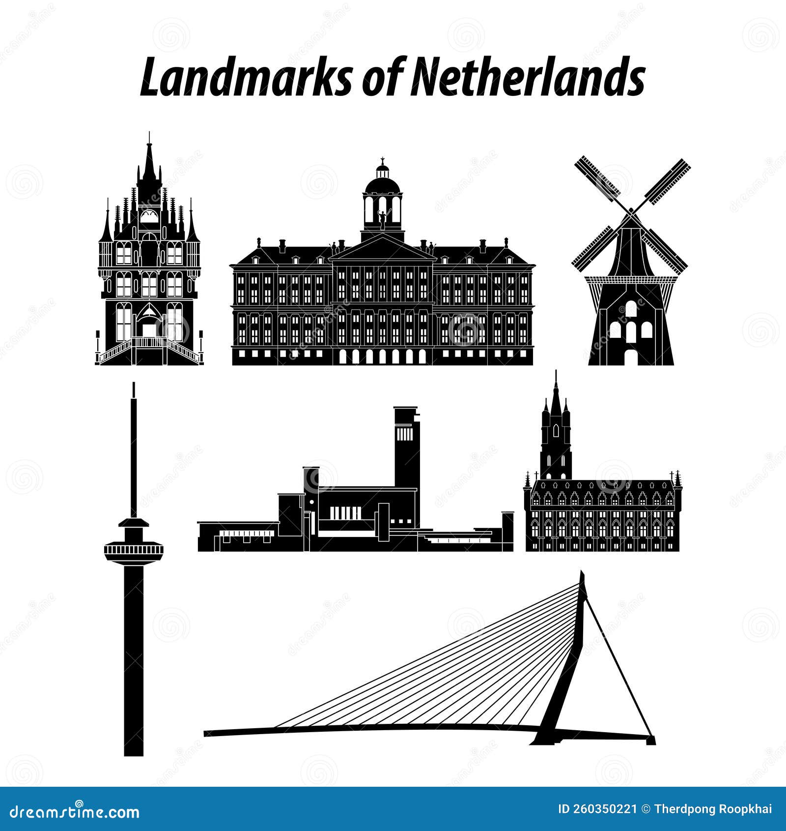 Set of Netherlands Famous Landmarks by Silhouette Style Stock Vector ...
