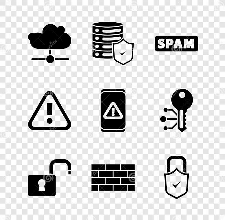 Set Network Cloud Connection, Server with Shield, Spam, Open Padlock ...