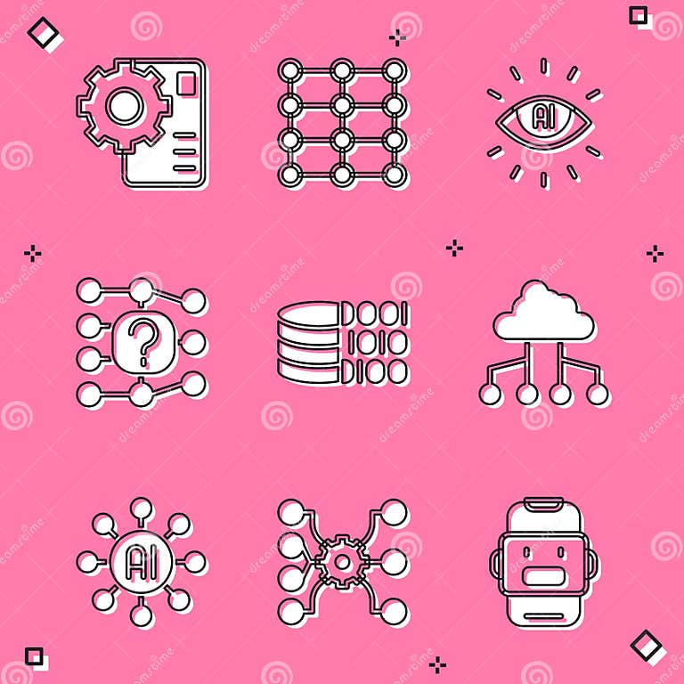 Set Neural Network Artificial Intelligence Ai Binary Code Network Cloud Connection And Icon