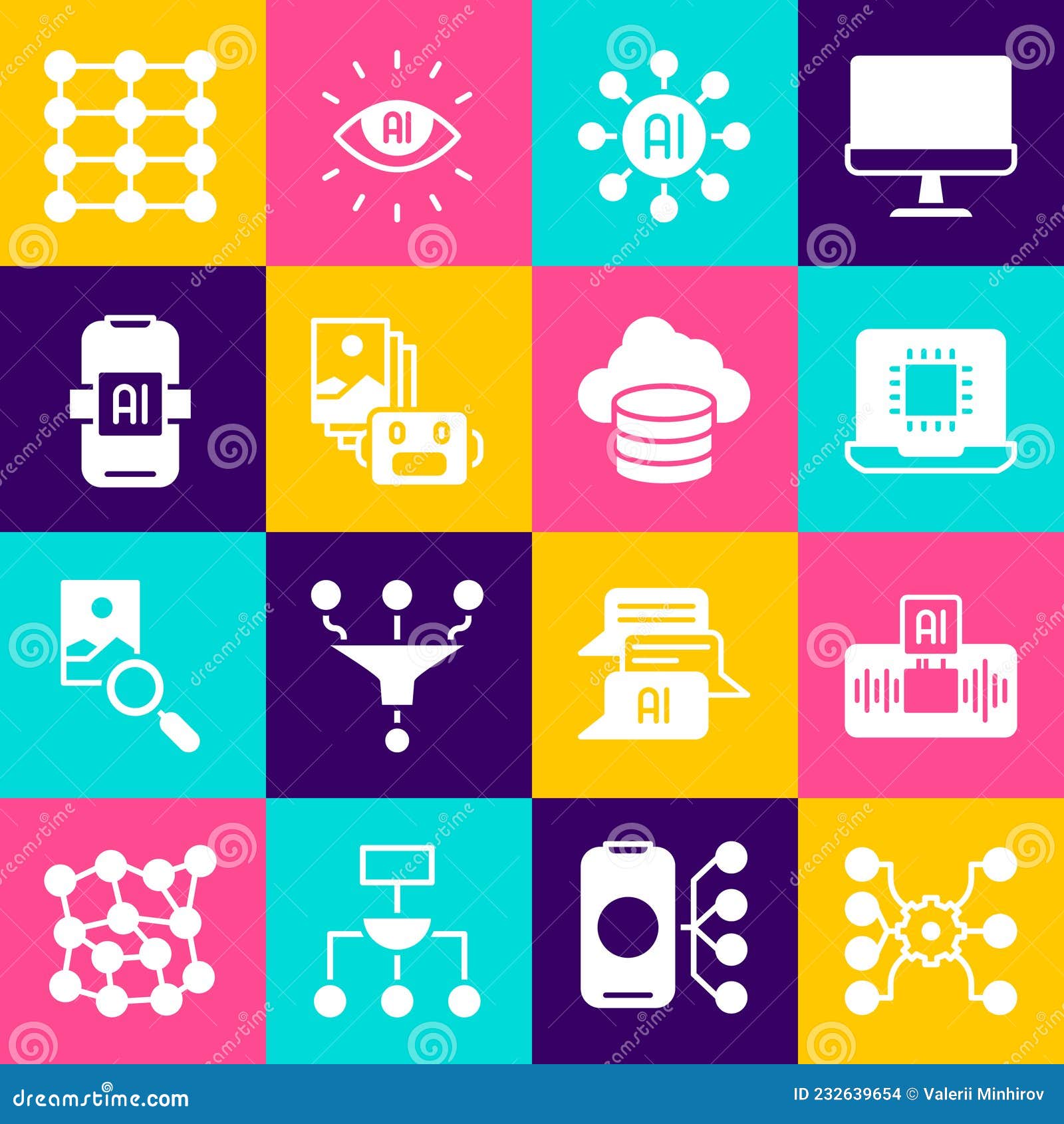 Set Neural Network Artificial Intelligence Ai Processor Cpu Robot And Cloud Database Icon