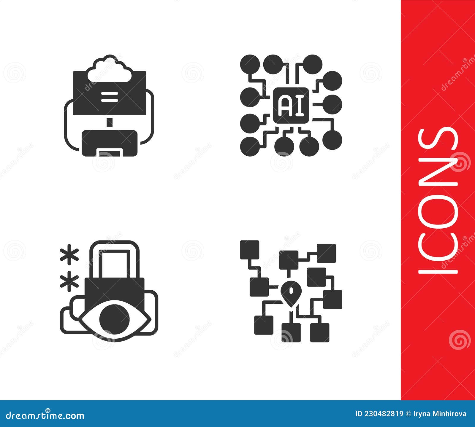 Set Neural Network, Cloud Database, Cyber Security and Icon. Vector ...