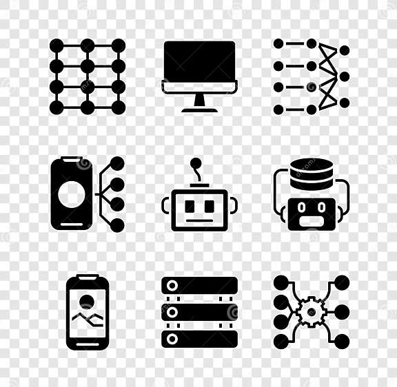 Set Neural Network, Computer Monitor, Mobile Phone, Server, Data, and ...
