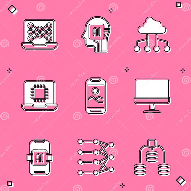 Set Neural Network, Humanoid Robot, Network Cloud Connection, Processor CPU, Mobile Phone ...