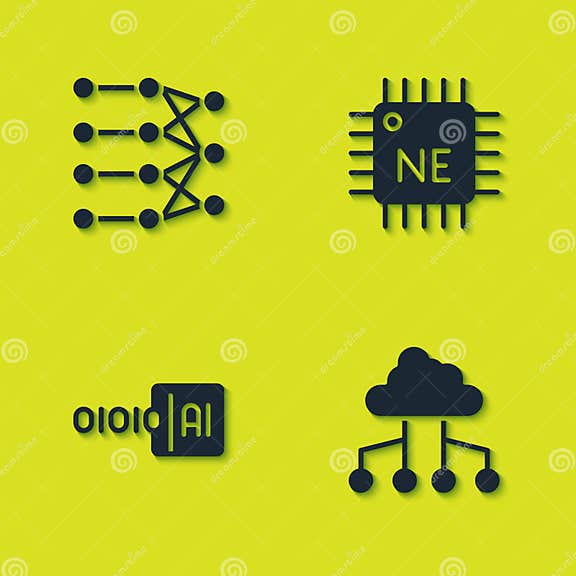 Set Neural Network Network Cloud Connection Binary Code And Processor Cpu Icon Vector Stock