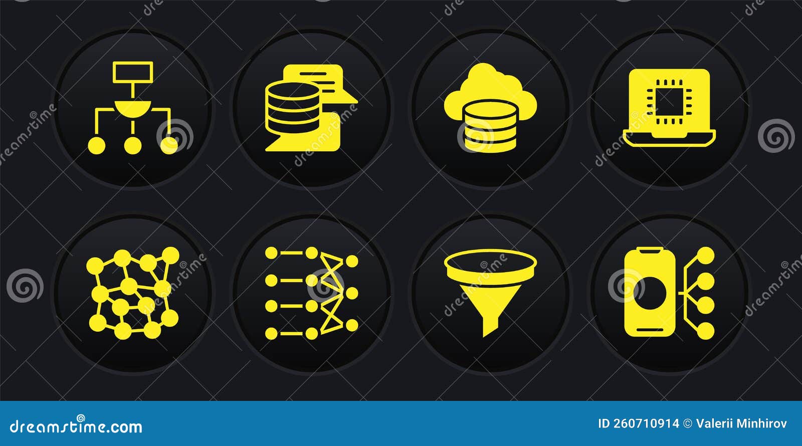 Set Neural Network Processor Cpu Funnel Filter Cloud Database Server Data And Algorithm