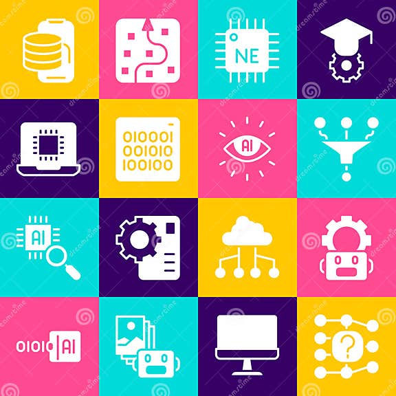 Set Neural Network, Robot Setting, Funnel Filter, Processor CPU, Binary Code, Cloud Technology ...