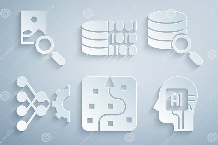 Set Neural Network Server Humanoid Robot Binary Code And Photo Retouching Icon Vector Stock