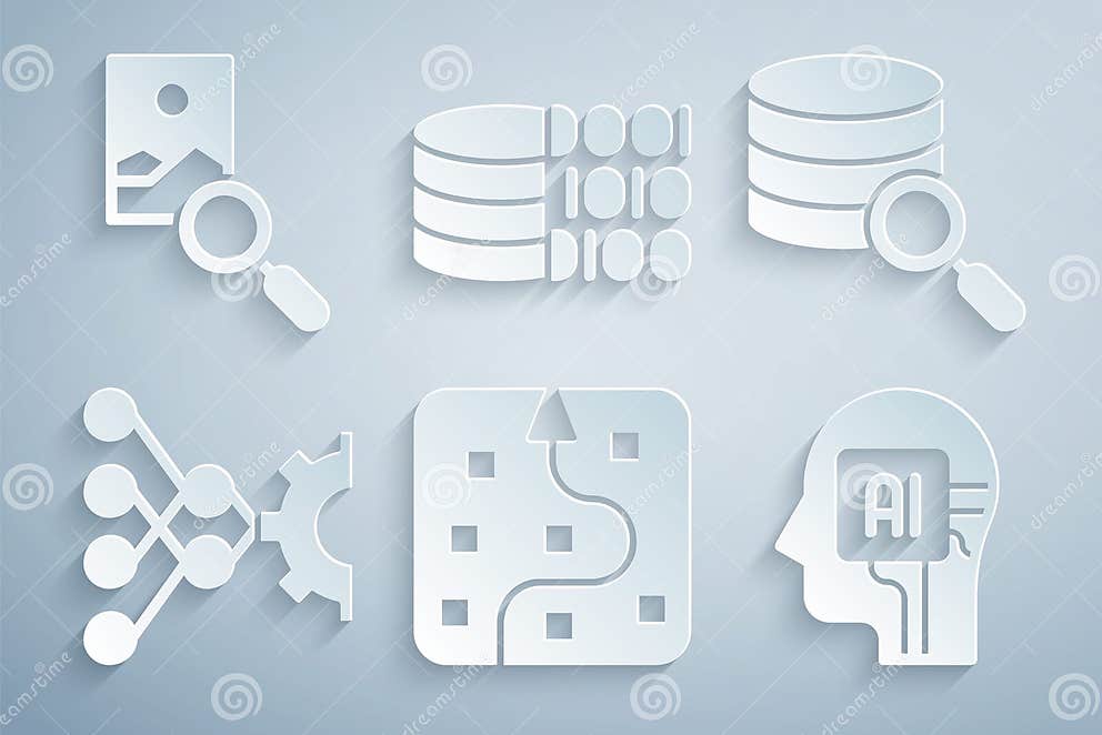 Set Neural Network Server Humanoid Robot Binary Code And Photo Retouching Icon Vector Stock