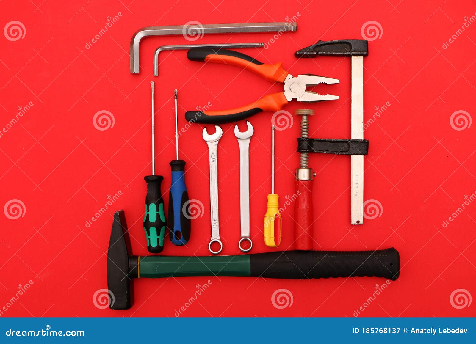 A Set of New Hand Tools on a Red Background Stock Image - Image of ...