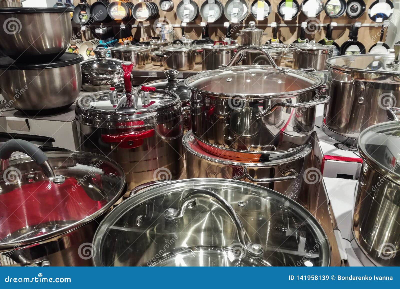 Set of New Metal Pots Kitchen Cookware in a Shop Stock Image - Image of ...