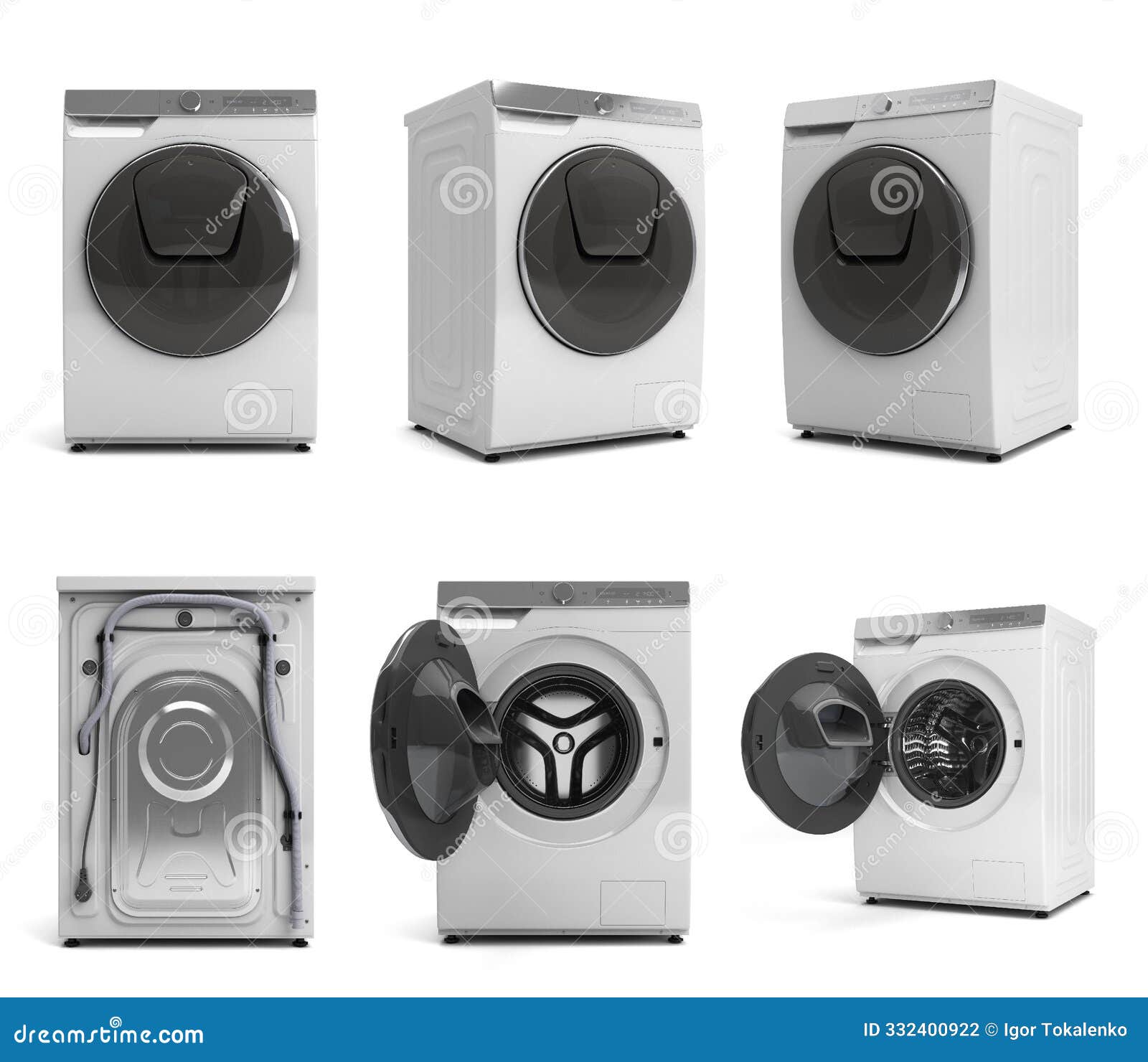 Set of New Modern Washing Machine 3D Render on White Stock Illustration ...