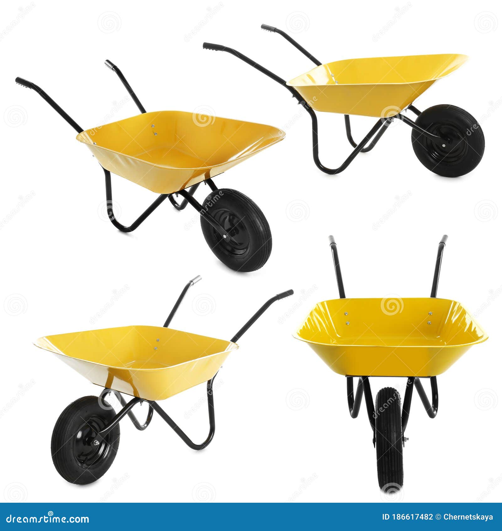Set of New Yellow Wheelbarrows on Background. Gardening Tool Stock ...