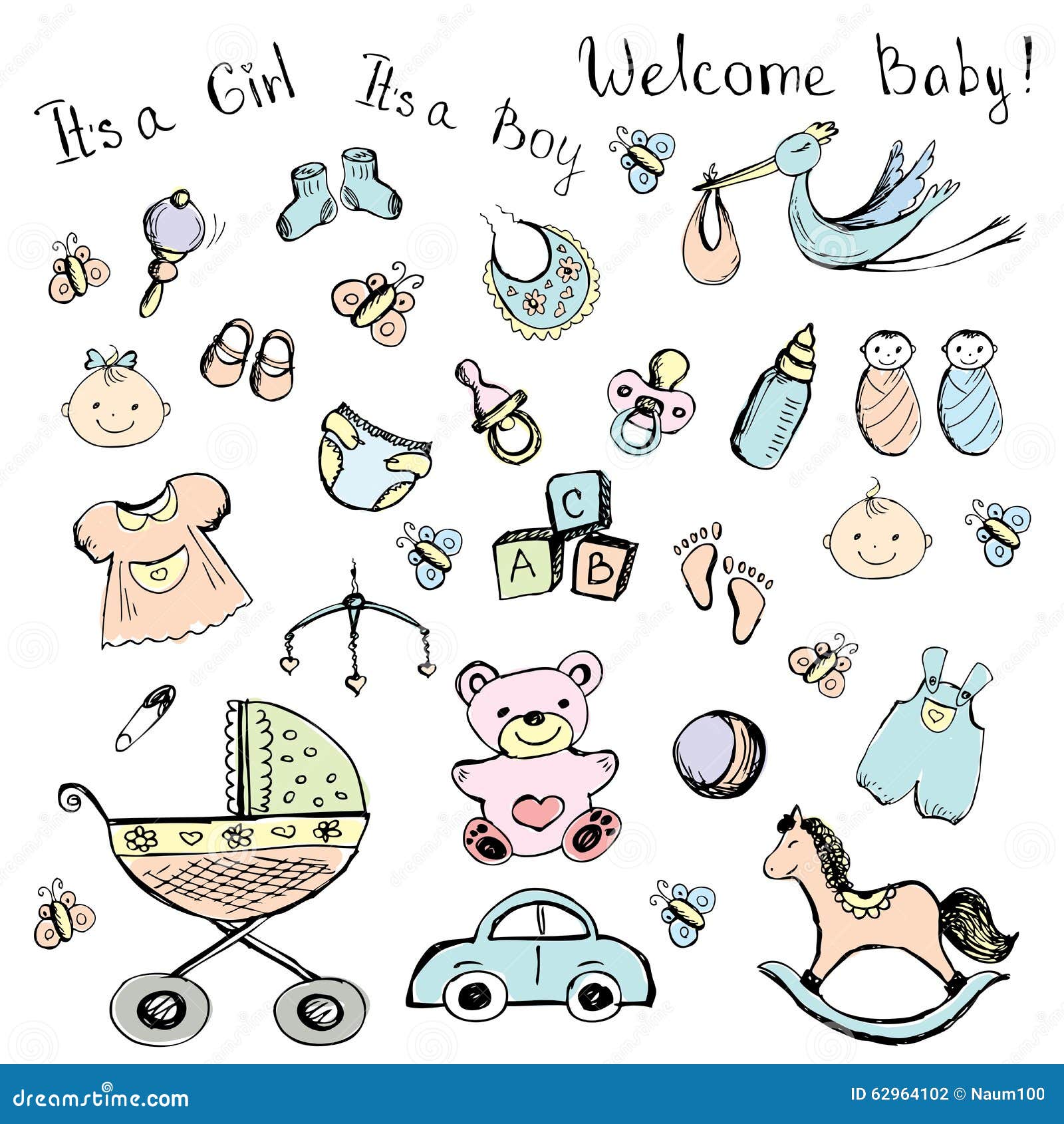 Set newborn baby items stock vector. Illustration of drawing - 62964102