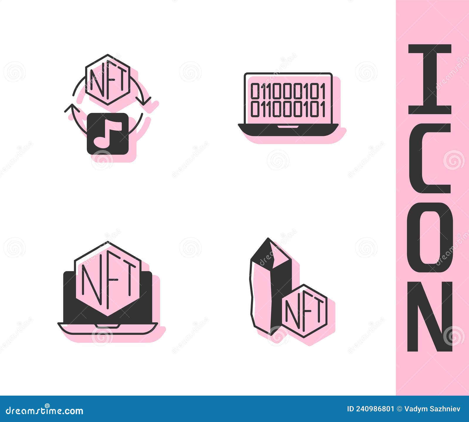 Set NFT Digital Crypto Art, Laptop with Store App and Binary Code Icon ...