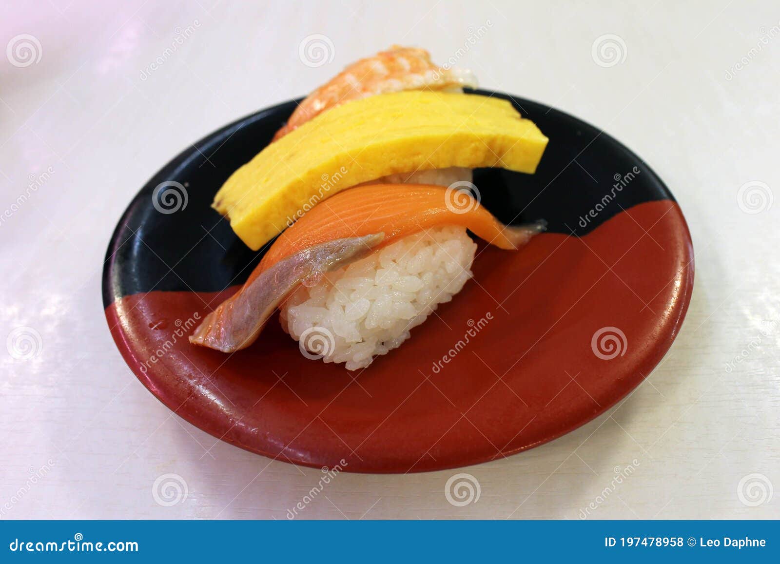 Nigiri Sushi of Ebi (shrimp or Prawn), Fish, and Egg Stock Photo ...