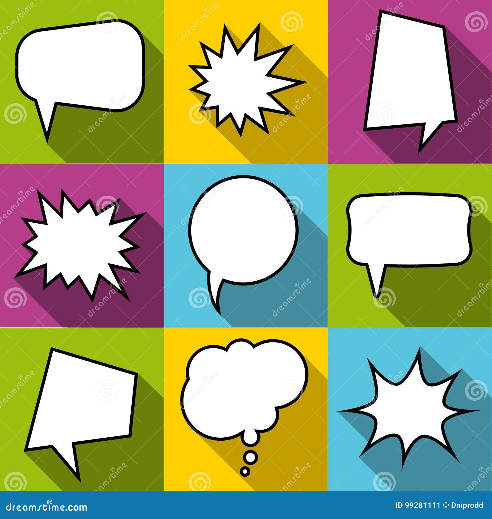 Set Of Nine Cartoon Comic Balloon Speech Bubbles In Flat Style ...