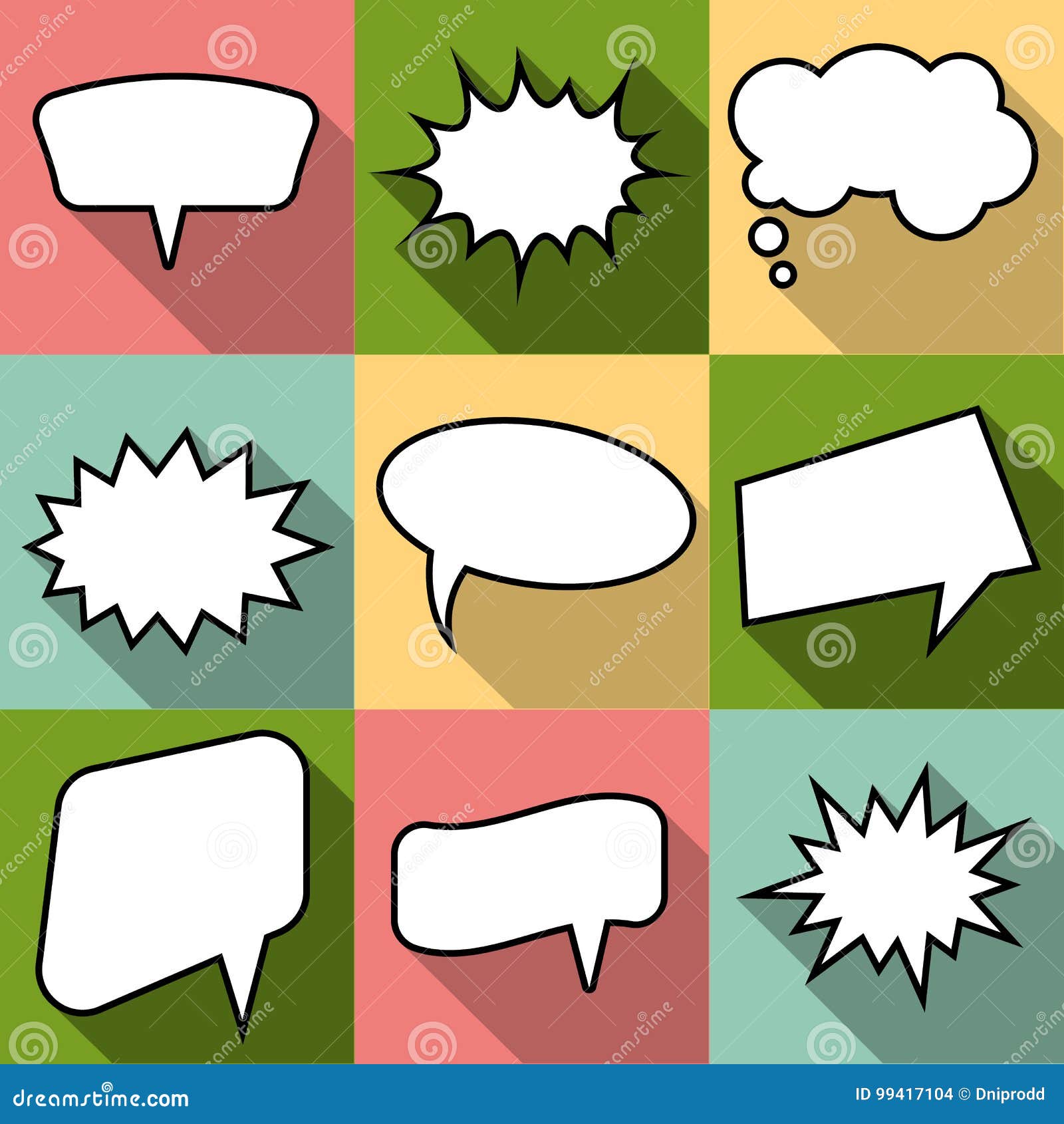 Set Of Nine Cartoon Comic Balloon Speech Bubbles In Flat Style ...