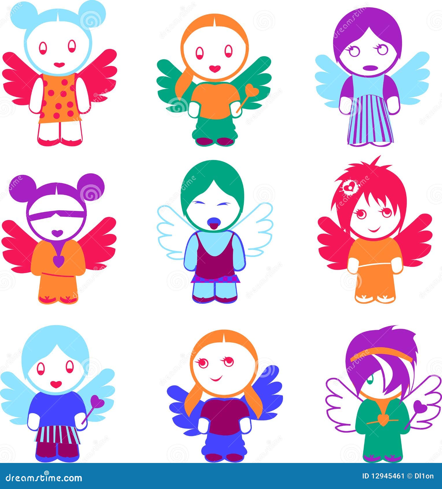 Set of Nine Colorful Angel Dolls. Stock Vector - Illustration of ...