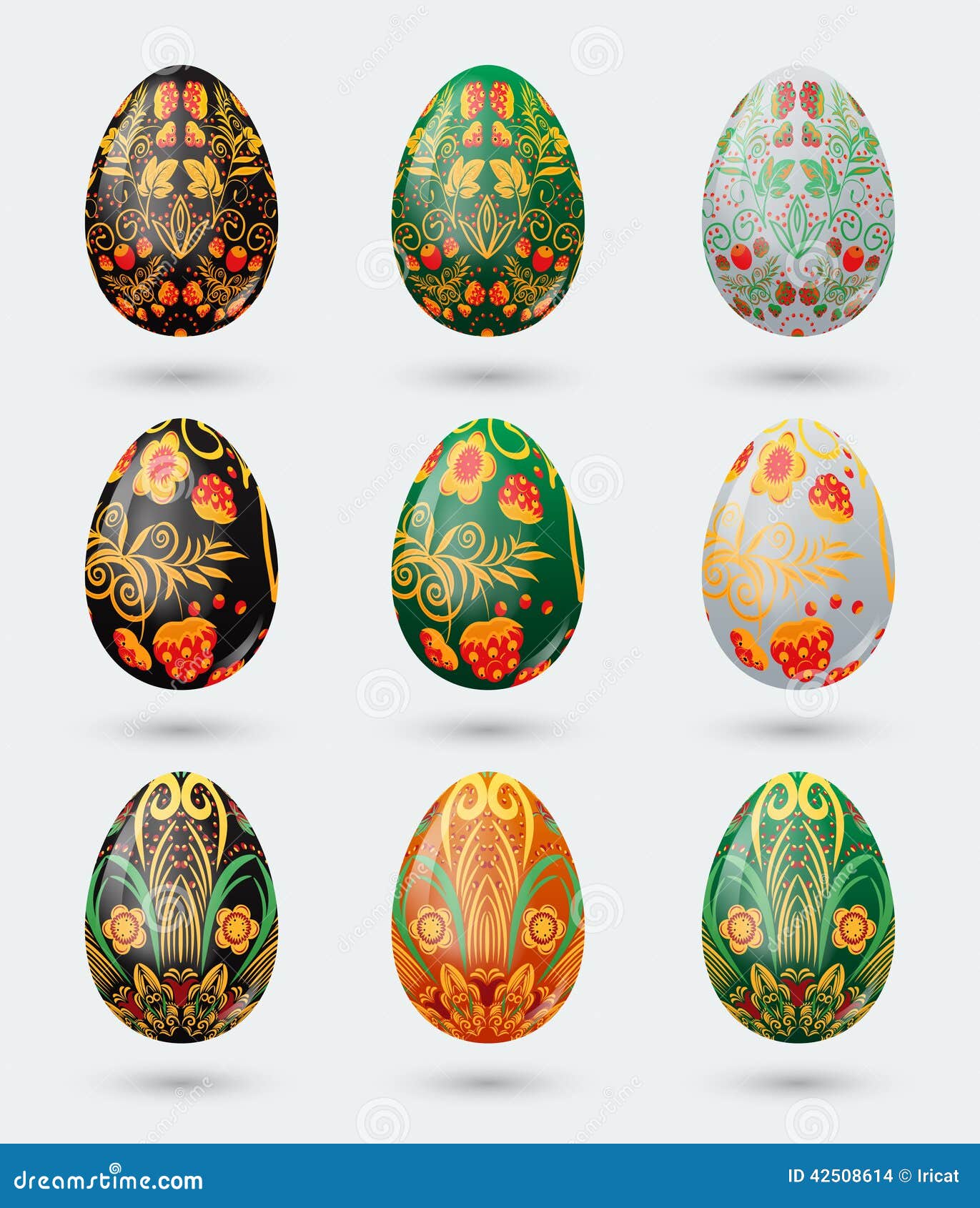 Set of Nine Colorful Easter Eggs Stylized Russian Khokhloma Pattern Stock Vector - Illustration ...
