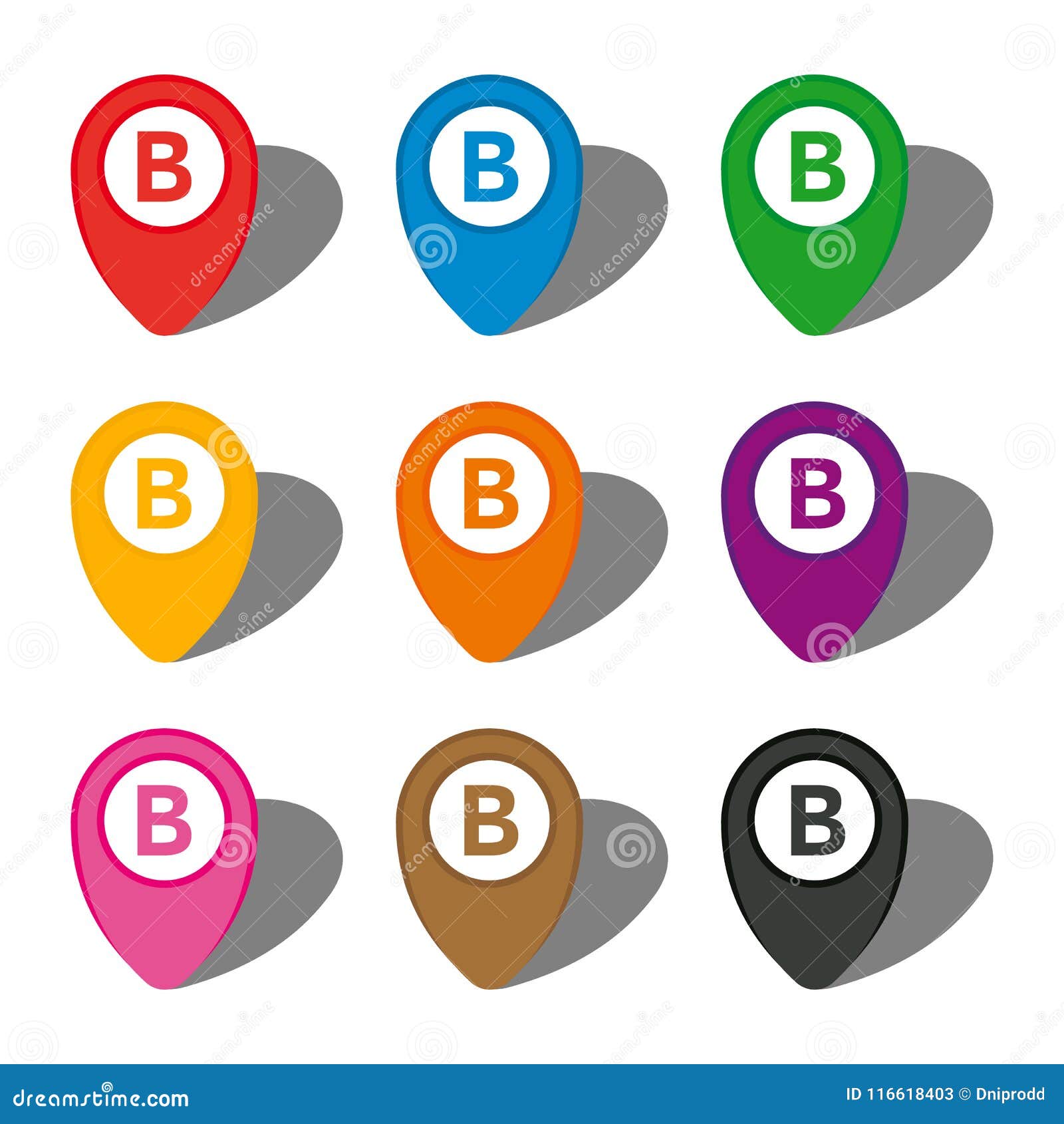 Set of Nine Colorful Map Pointers with Point B Sign in White Circle ...