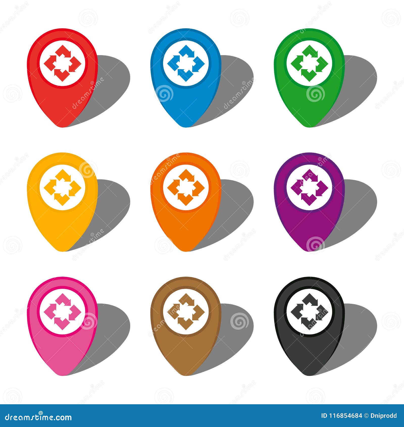 Set of Nine Colorful Map Pointers with Recycling Sign in White Circle ... Set of Nine Colorful Map Pointers with Recycling Sign in White Circle ...