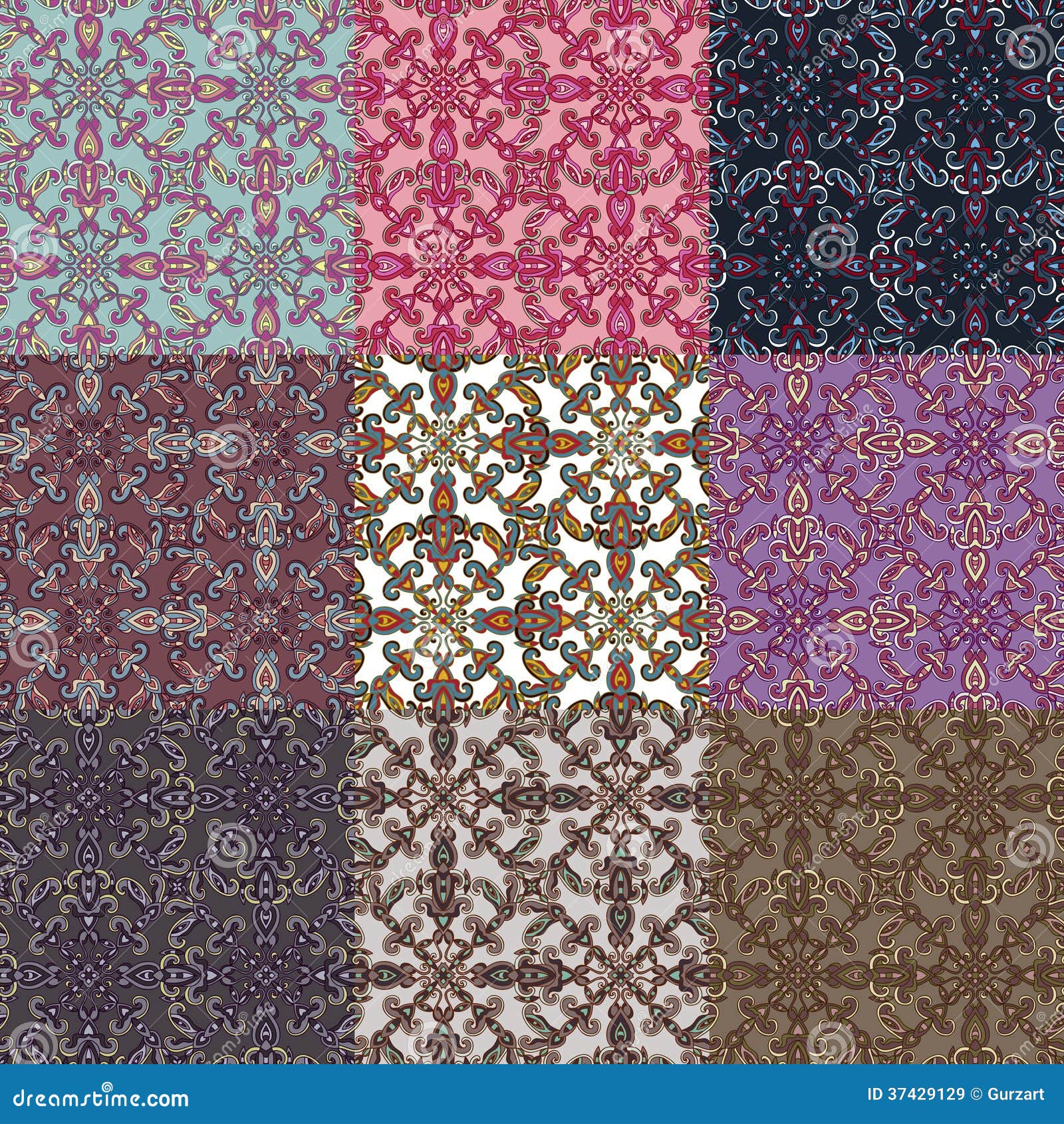 Set of Nine Colorful Seamless Patterns. Stock Vector - Illustration of ...