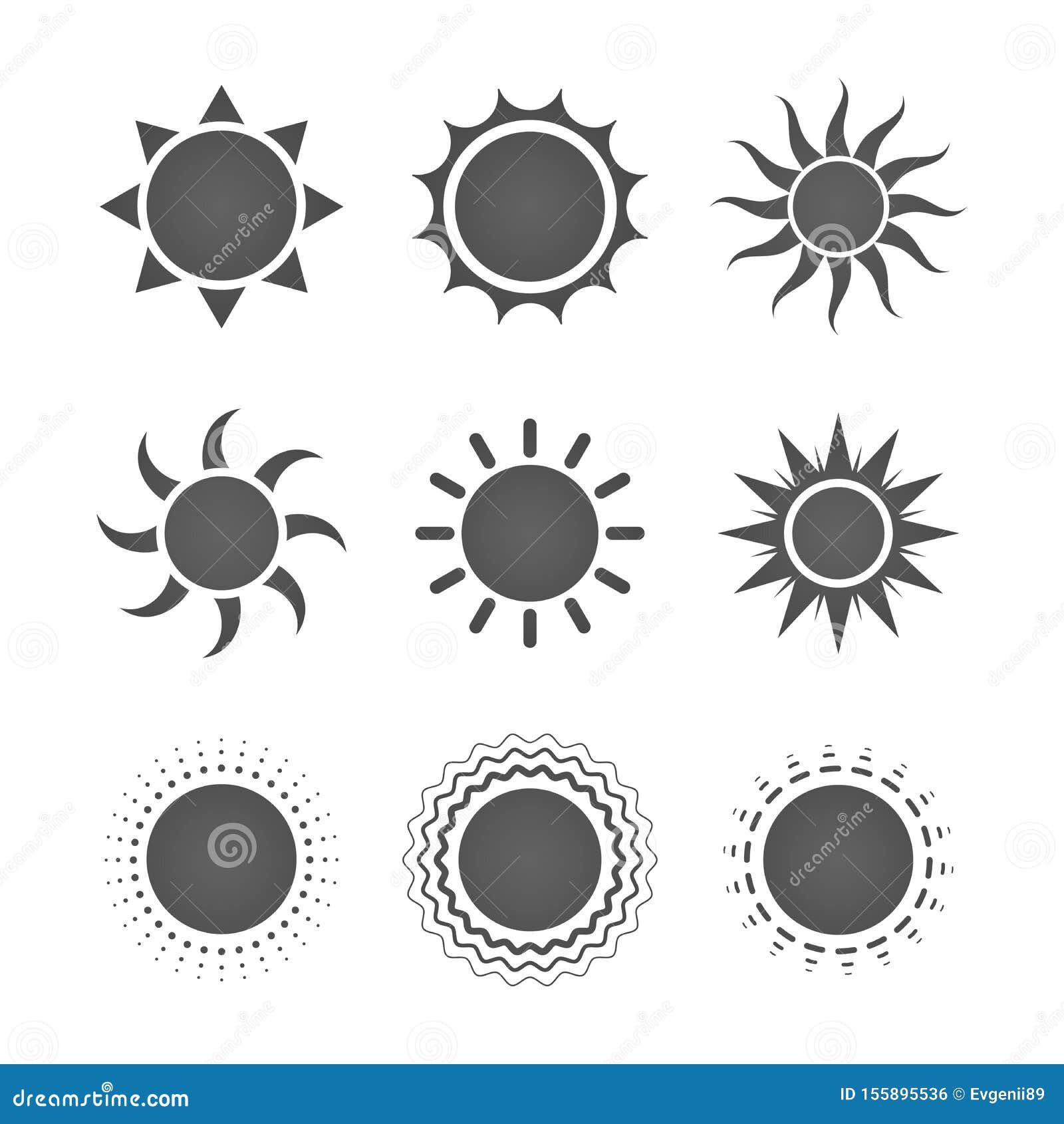 Set of Nine Different Gray Sun Icons on White Stock Vector ...