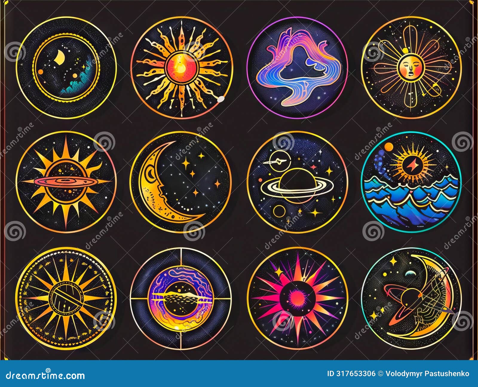 A Set of Nine Different Space Symbols Stock Photo - Image of planet ...